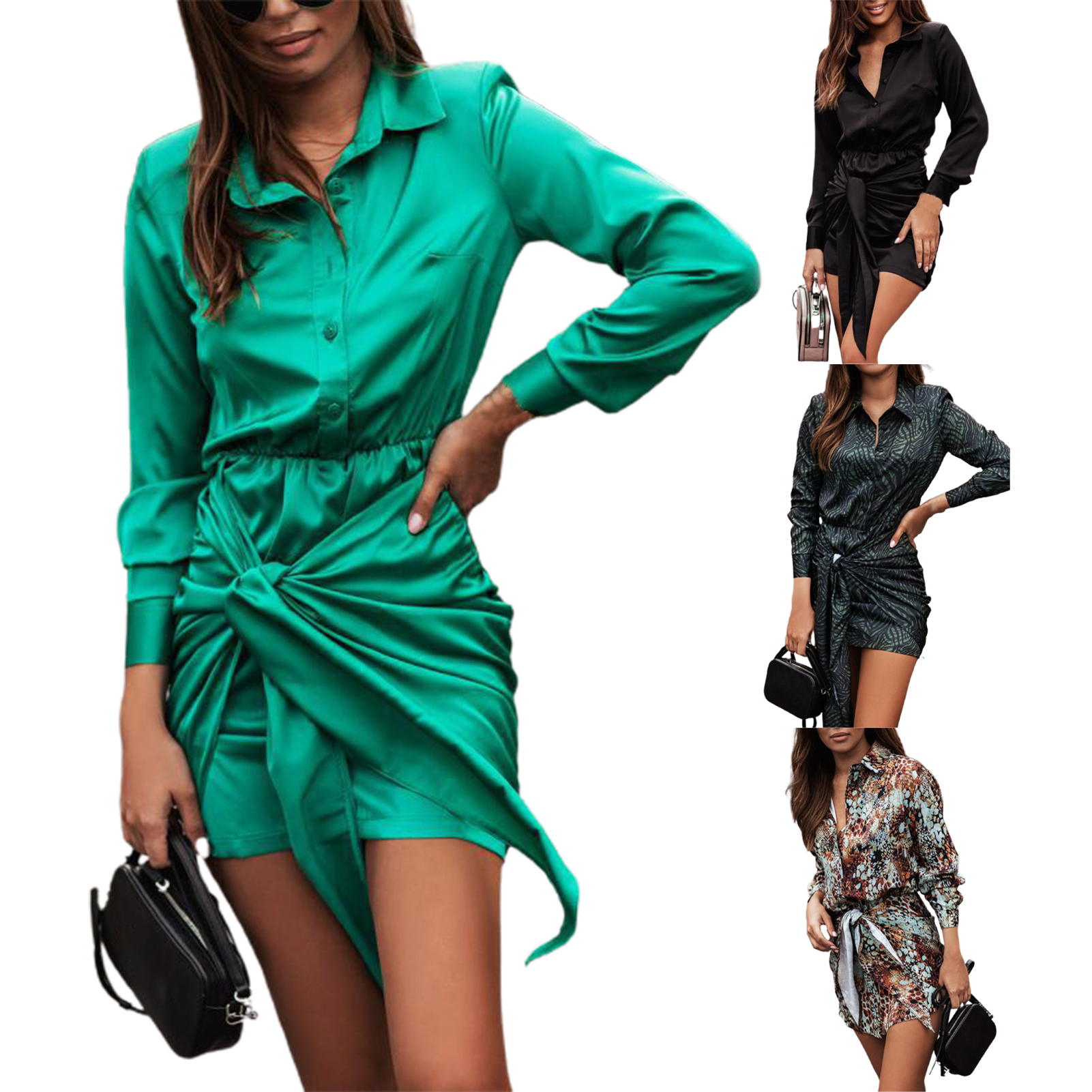 ROBE Robe de chemise Léopard Lace-up Spring revers Robe de gaine pour ...